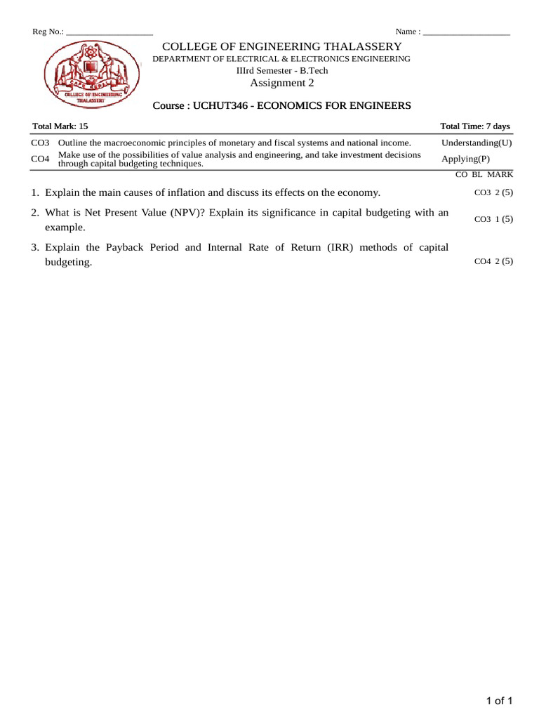 Economics for Engineers Assignment Guide | PDF