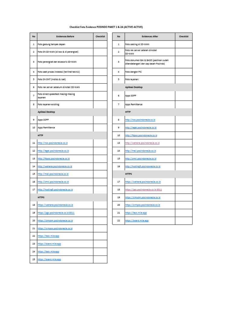 Checklist Evidence Posindo Paket 1 & 2A | PDF