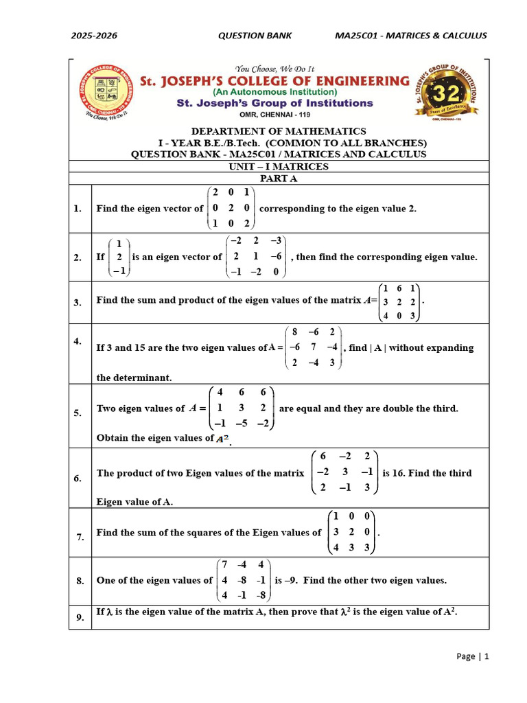 Matrices & Calculus QB 2025-26 | PDF | Eigenvalues And Eigenvectors | Matrix (Mathematics)
