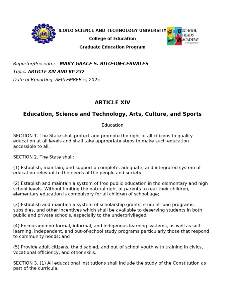 Handouts For Article Xiv and BP 232 | PDF | Teachers | Schools