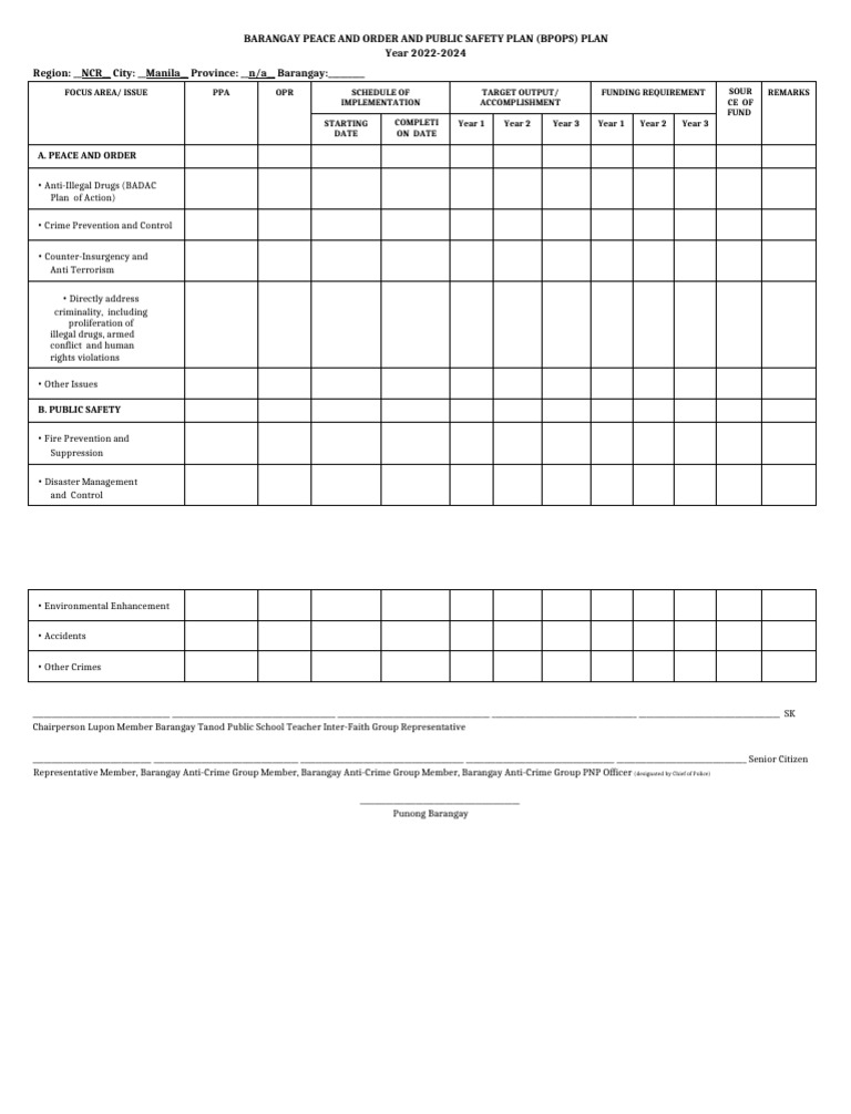 BPOC - Barangay Peace and Order Public Safety (BPOPS) Plan | PDF
