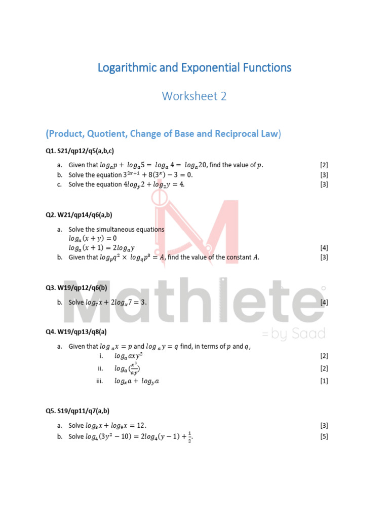 Logs and Exponential Functions Worksheet 2 | PDF