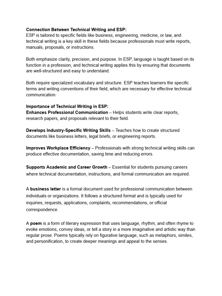 Technical Writing's Role in ESP Fields | PDF