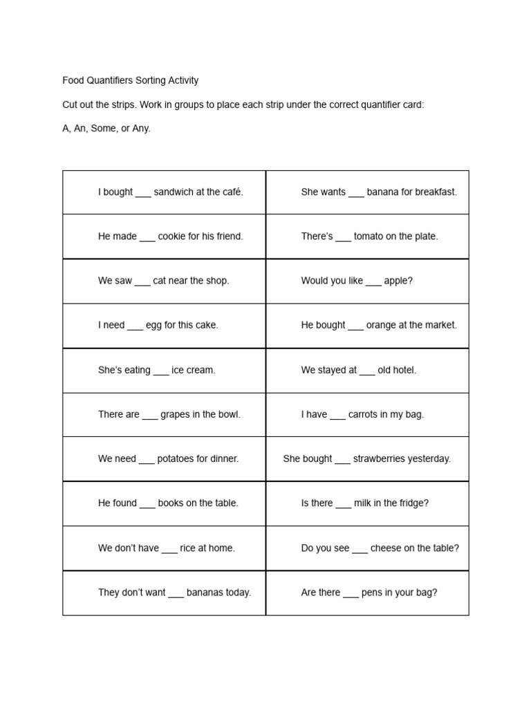 Food Quantifiers Sorting Activity | PDF
