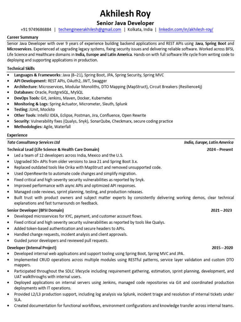 Senior Java Developer - Akhilesh Roy | PDF | Java (Programming Language ...
