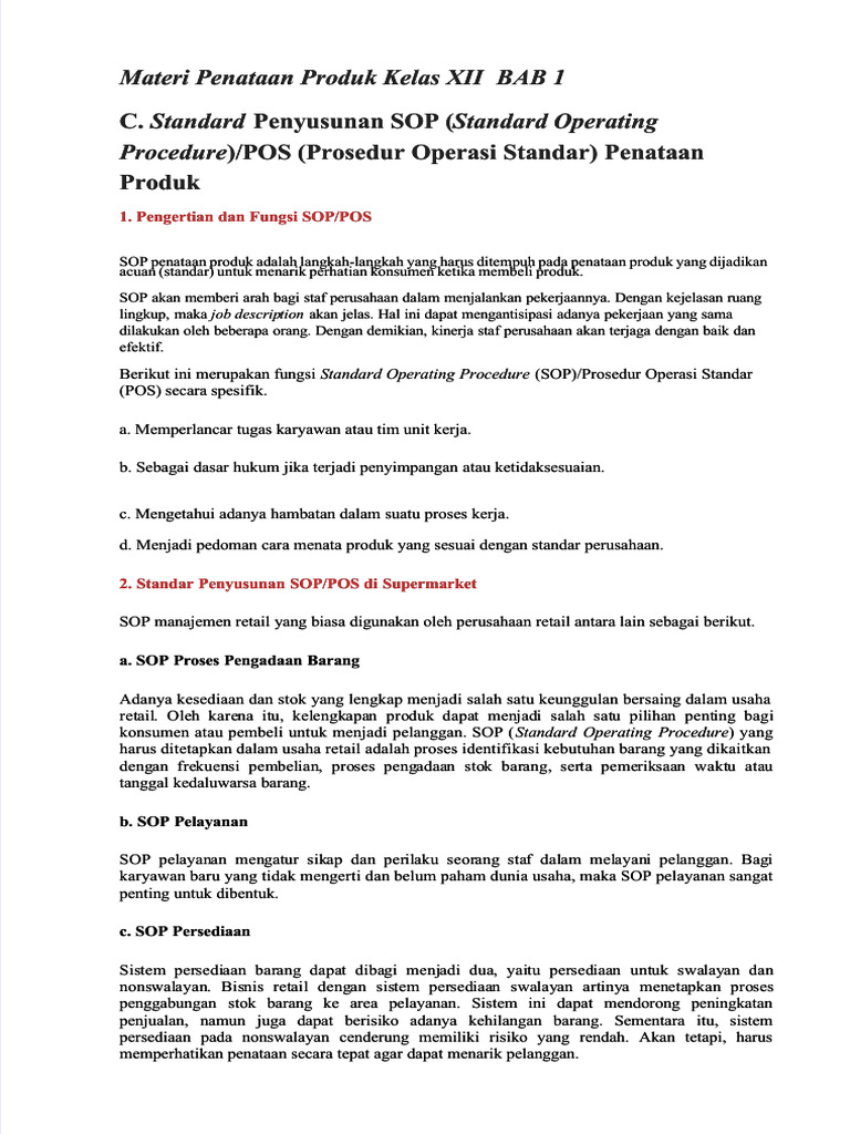 C. Penyusunan SOP /POS (Prosedur Operasi Standar) Penataan Produk | PDF