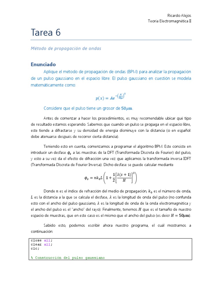 Tarea 6: Método de Propagación de Ondas (BPM) | PDF | Transformada discreta de Fourier | Olas