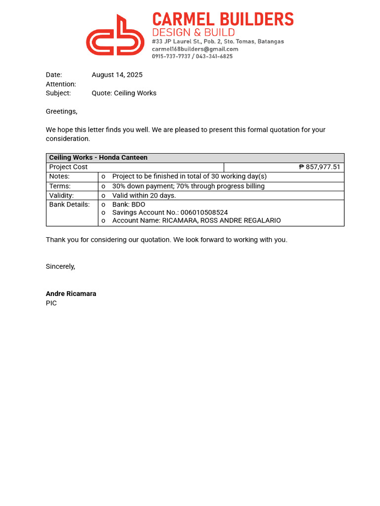 Quote Letter - Ceiling Honda Canteen - Andre | PDF | Building Materials ...