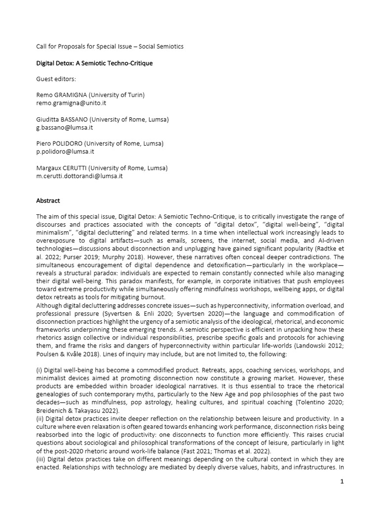CALL For PAPERS Special Issue DigitalDetox Social Semiotics | PDF | Well Being | Liberal Arts ...