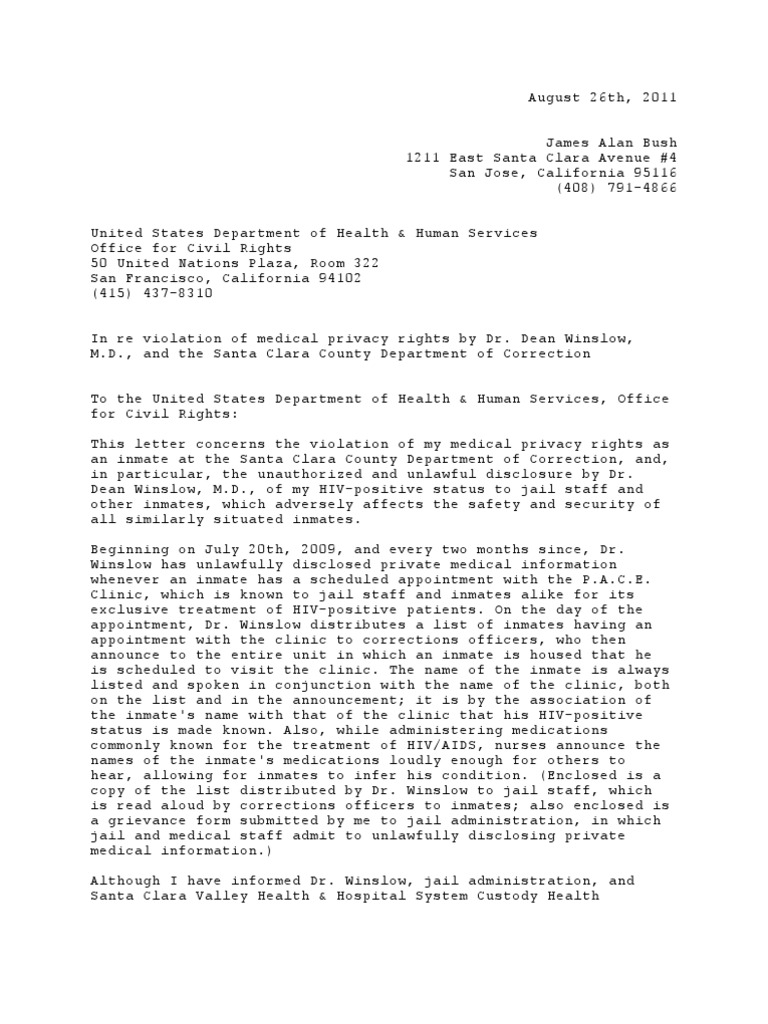 Letter To The Office For Civil Rights For Violation of HIPAA Privacy ...