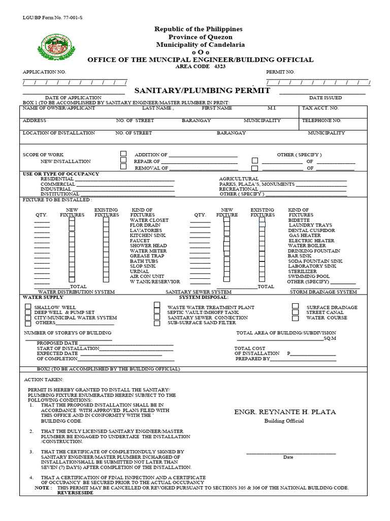 Sanitary Plumbing Permit Application | PDF | Plumbing | Hydraulic ...