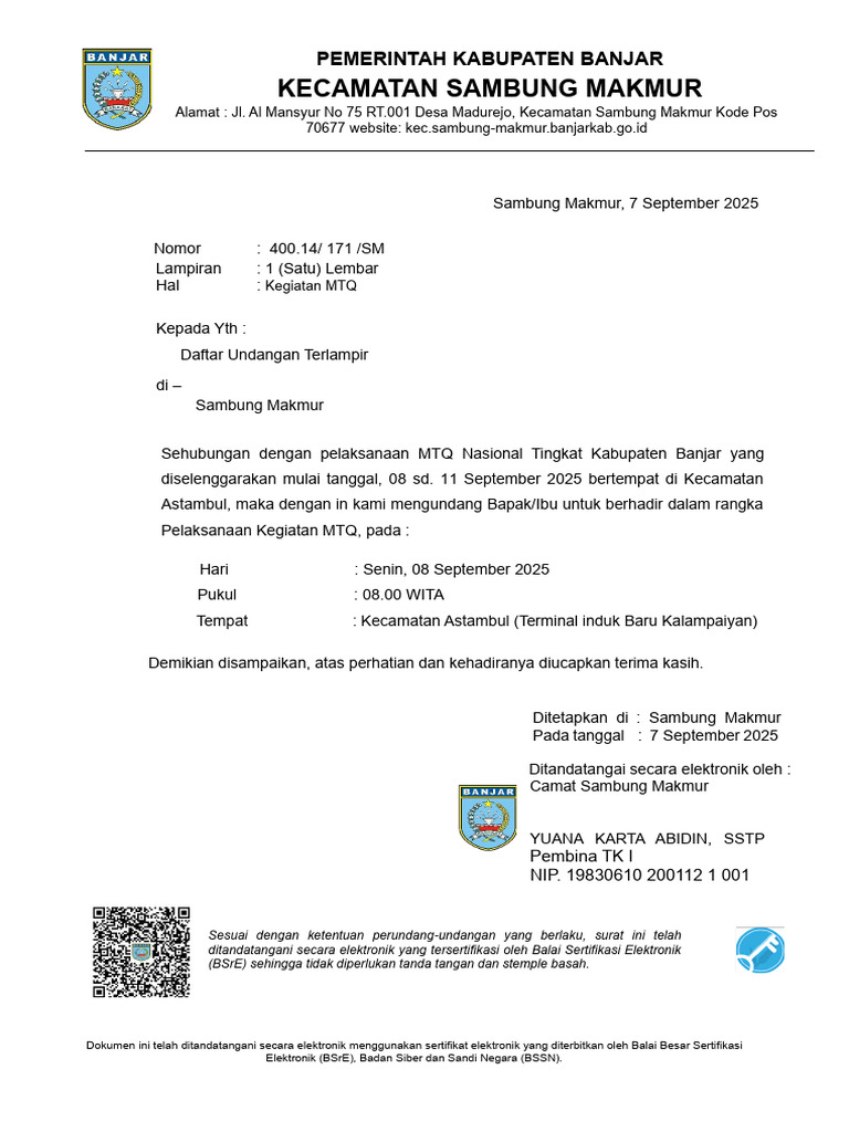Undangan Kegiatan MTQ Kabupaten Banjar | PDF