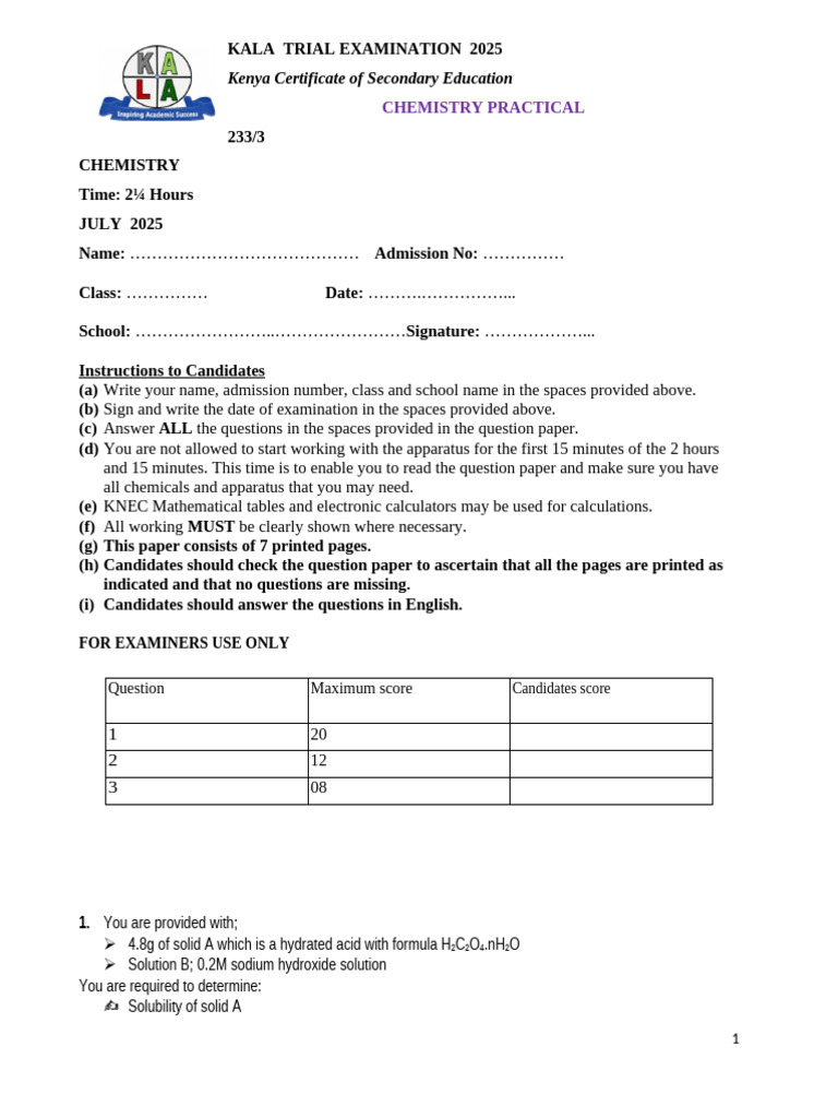 KALA 2025 Chemistry Practical Exam | PDF | Scientific Phenomena | Materials