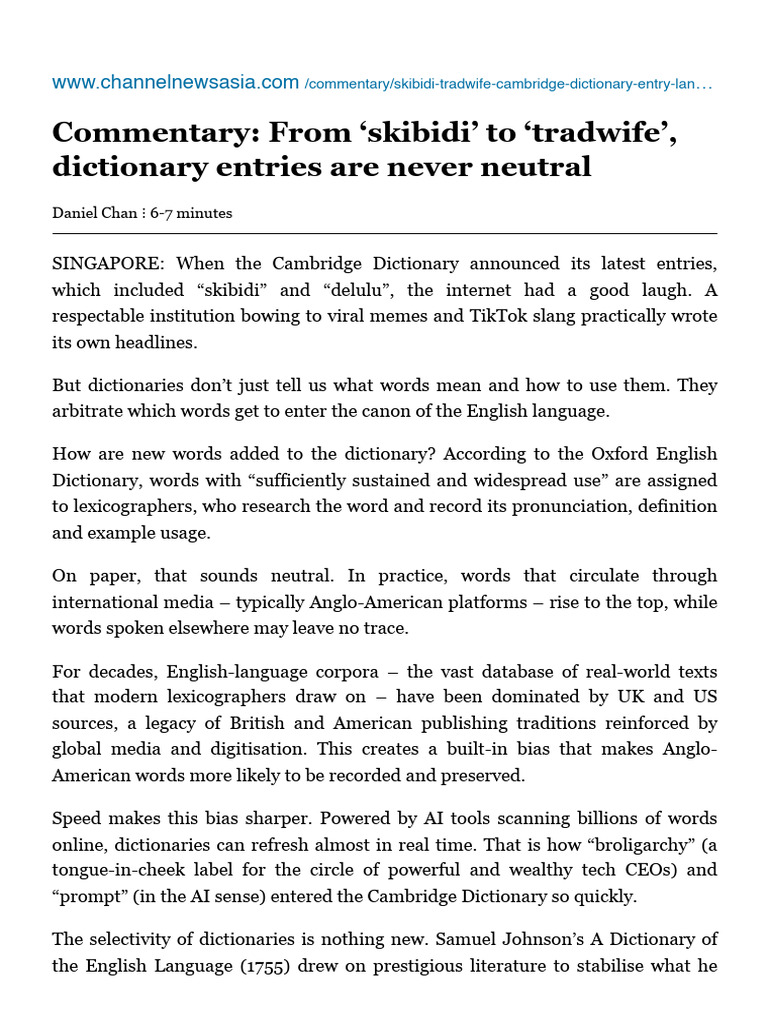 Commentary - From Skibidi' To Tradwife', Dictionary Entries Are Never ...