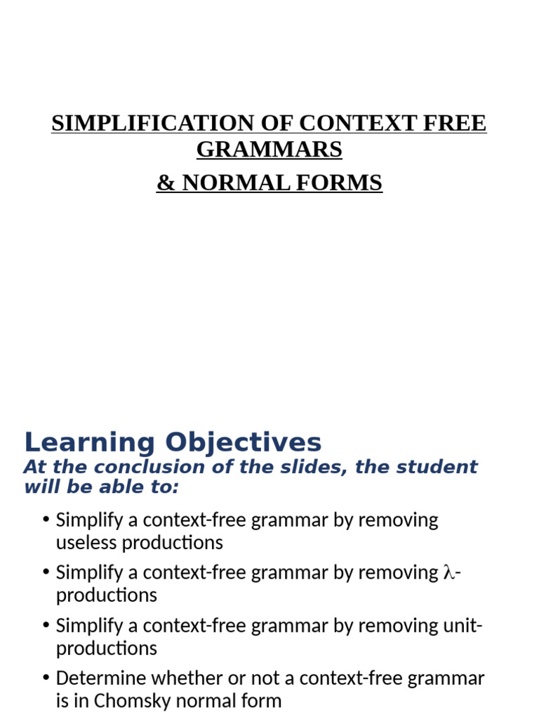 Lecture 10 Elimination CFG Normal Forms Tayal | PDF | Syntax | Grammar