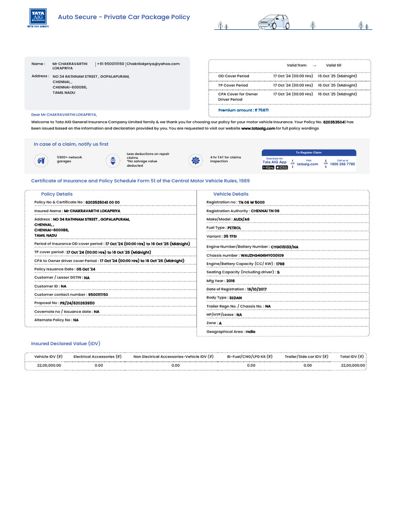 Tata AIG Motor Insurance Policy Details | PDF | Insurance | Deductible