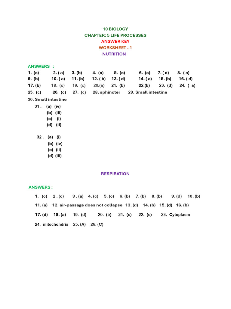 10 Biology LN 5 Life Processes Worksheet Answer Key | PDF | Anatomy ...