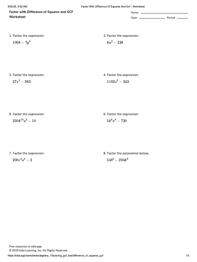 Factor With Difference of Squares and GCF - Worksheet | PDF
