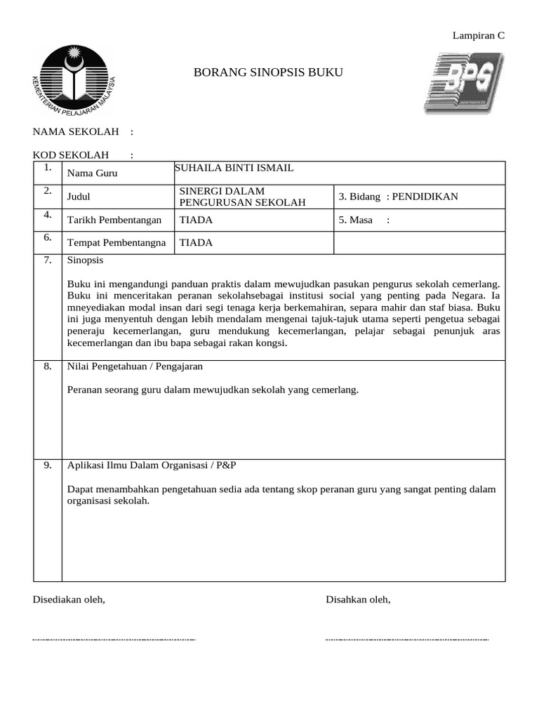 Borang Sinopsis Buku SPLKPM SUHAILA BUKU 1 | PDF