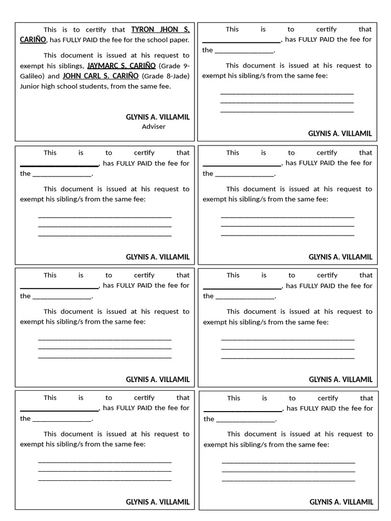Fee Payment Certification Document | PDF | Payments