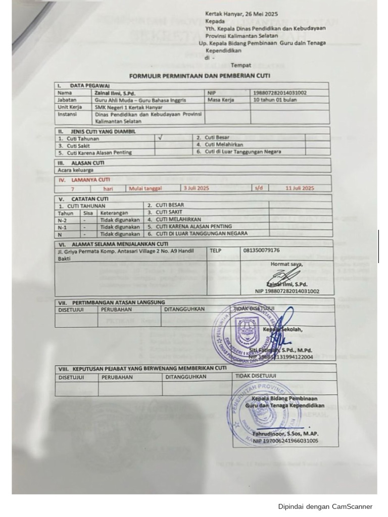 Berkas+Usulan+Cuti Zainal+Ilmi,+S.pd. | PDF