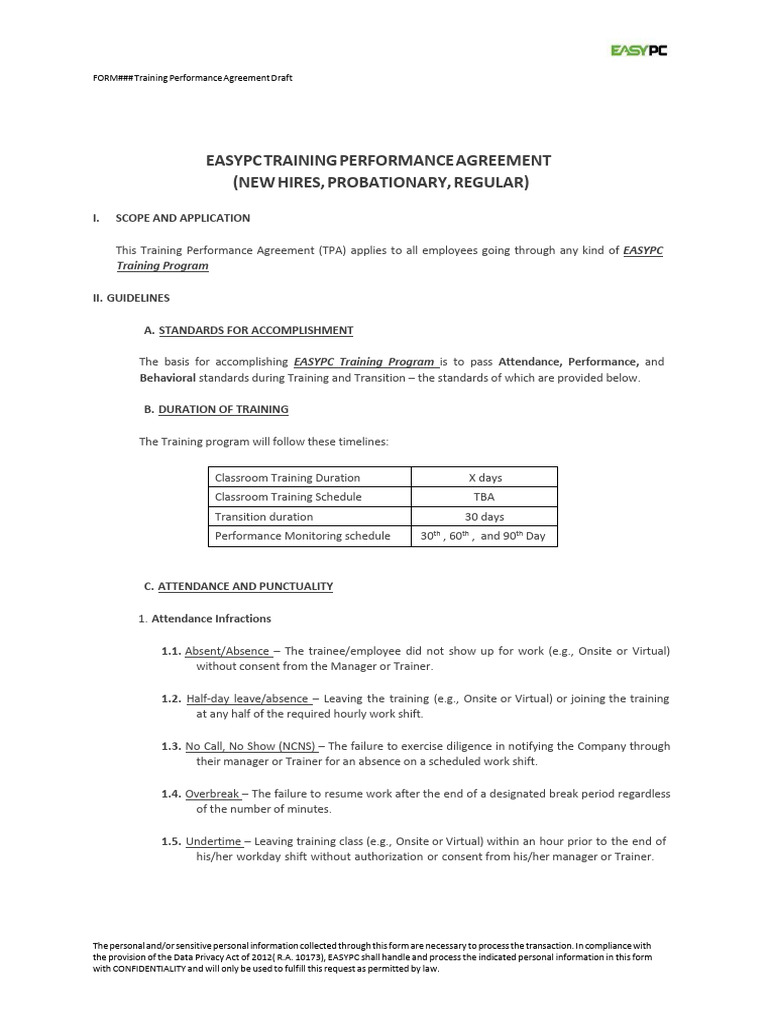 EASYPC Training Performance Agreement | PDF | Employment | Privacy