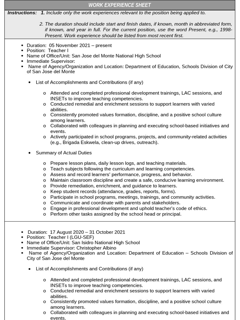 ANNEX H 2 CS Form No. 212 Attachment Work Experience Sheet | PDF ...