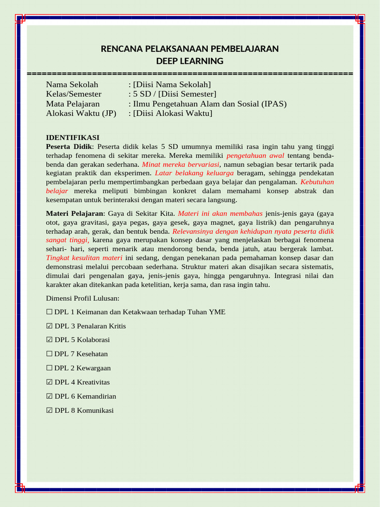Contoh RPP Pembelajaran Mendalam - SD | PDF