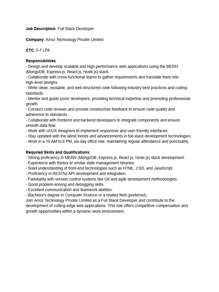 Full Stack Developer Job at Arroz Tech | PDF