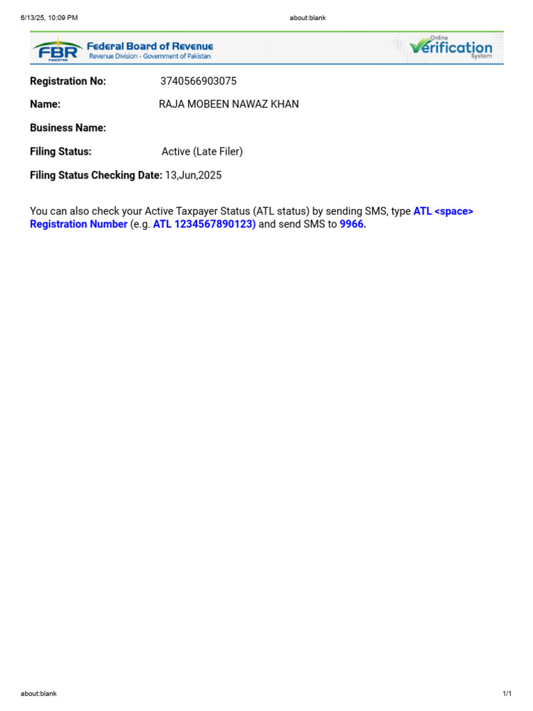 Registration No: Name: Business Name: Filing Status: Filing Status ...