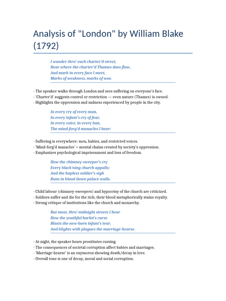 London Poem Analysis William Blake Complete | PDF | William Blake ...