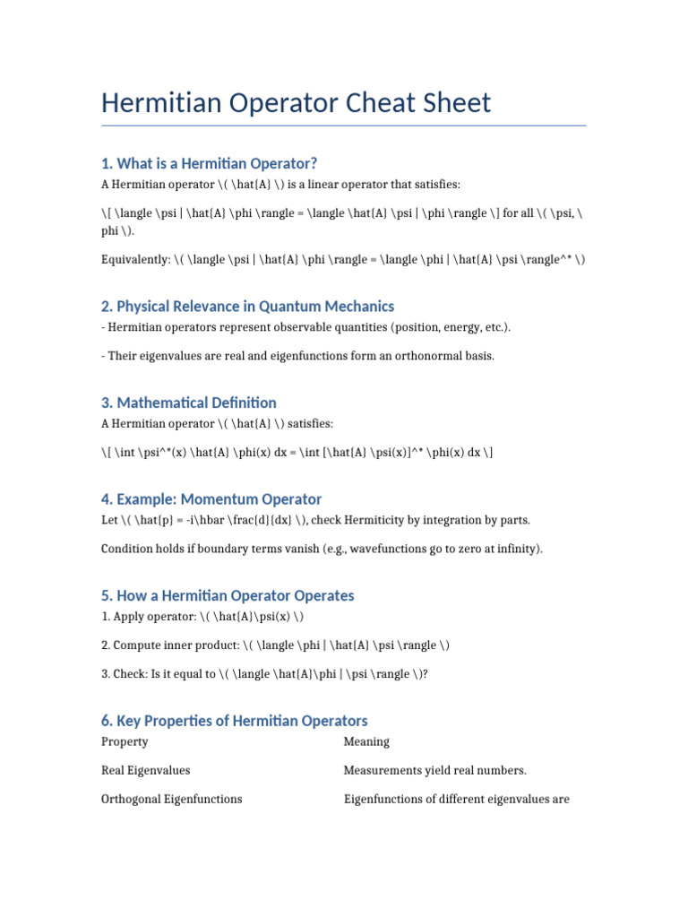 Hermitian Operator Cheat Sheet | PDF | Physics | Quantum Mechanics