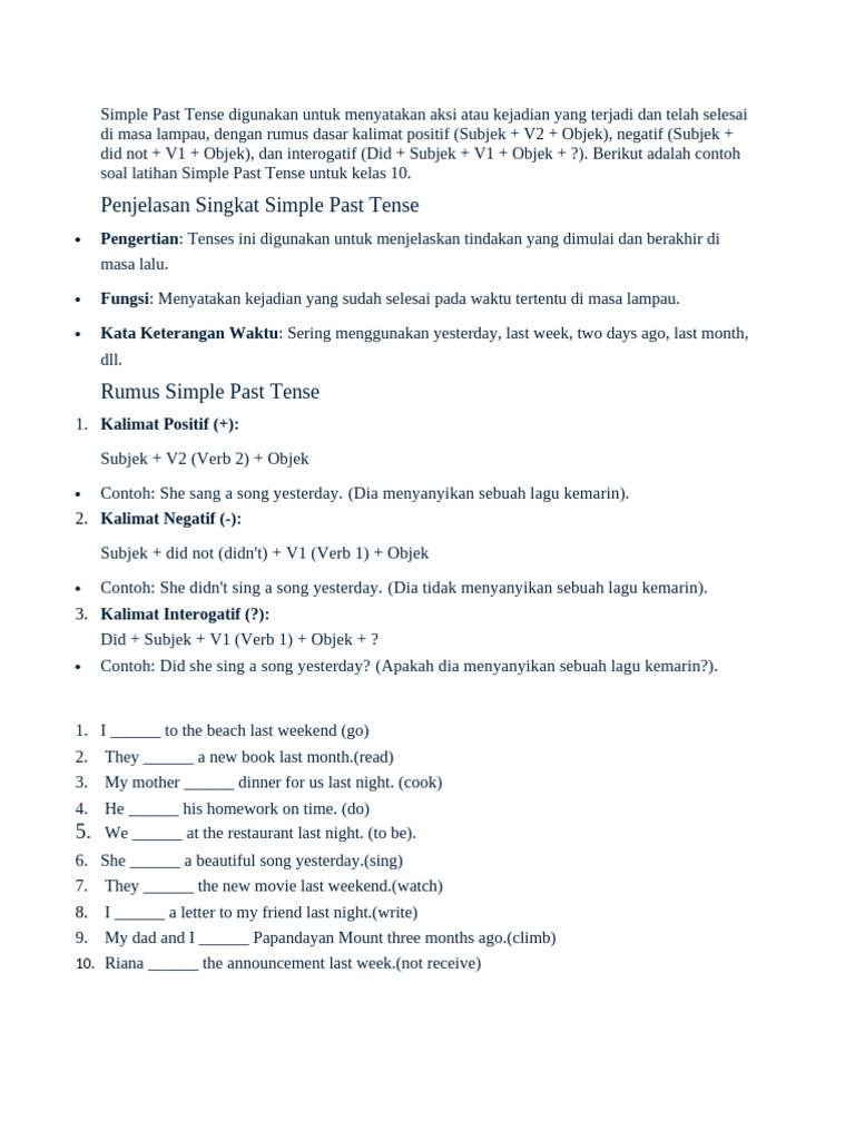 Panduan Simple Past Tense untuk Kelas 10 | PDF