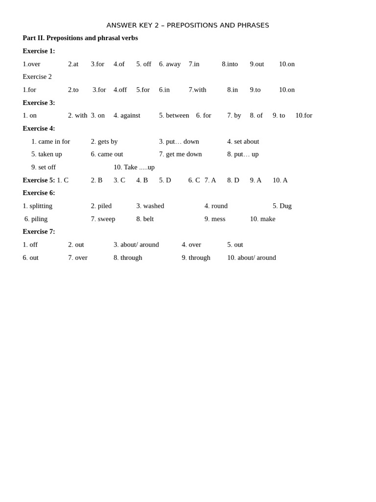 Answer Key 2. Prepositions and Phrases | PDF