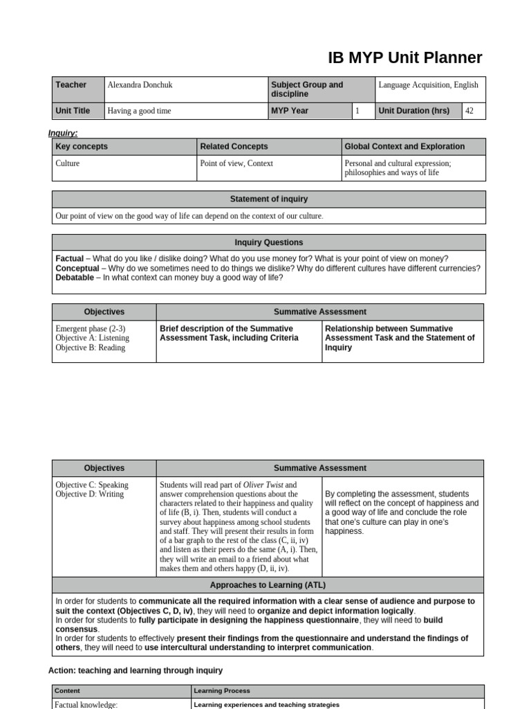 MYP 1 Unit 1 - Having A Good Time | PDF | Vocabulary | Cognition