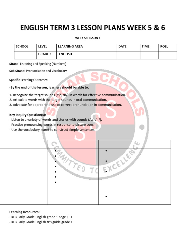 Grade 1 English Lesson Plans: Weeks 5-6 | PDF | Reading Comprehension ...