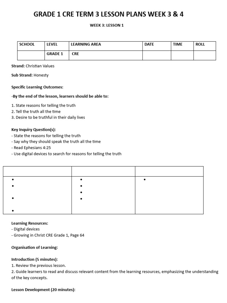 g1 Cre Lesson Plans Week 3 & 4 | PDF | Learning | Reason
