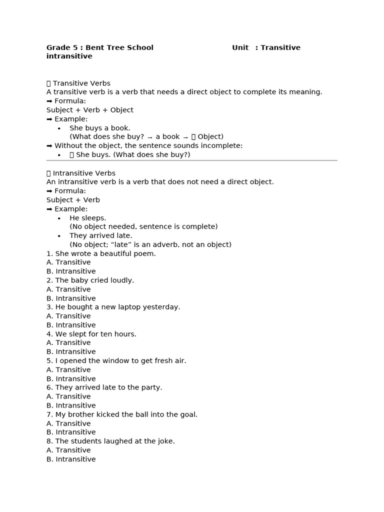 Transitive and Intransitive Verbs Guide | PDF | Verb | Subject (Grammar)