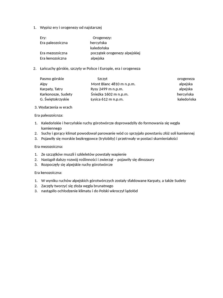 Wypisz Ery I Orogenezy Od Najstarszej | PDF