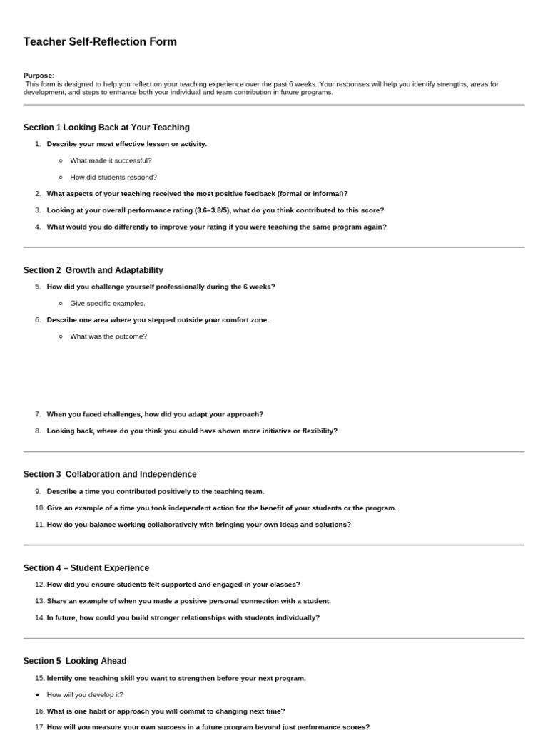 Teacher Self-Reflection Form Week 6 | PDF