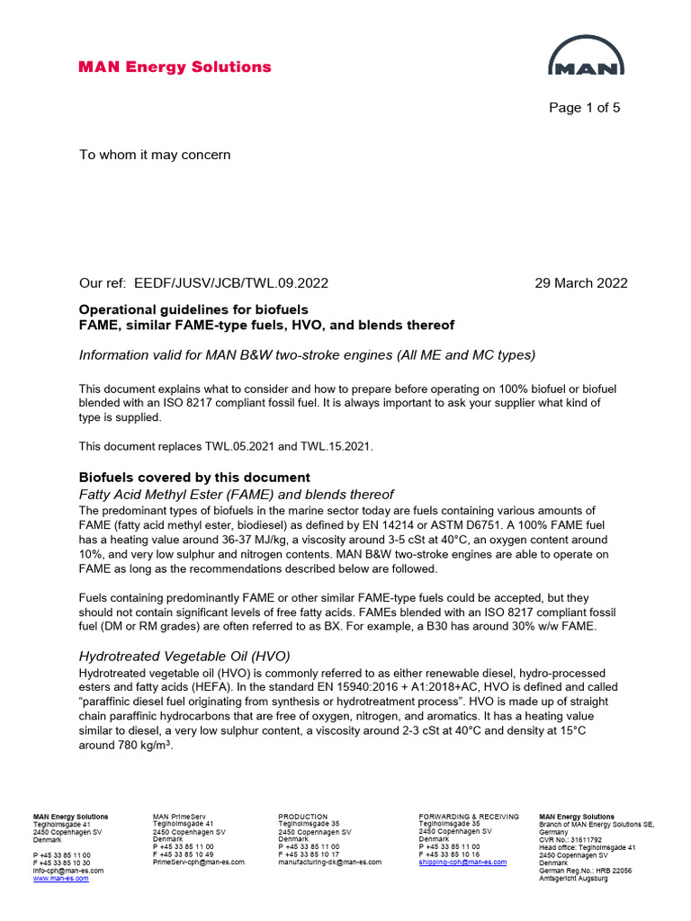 Biofuel Guidelines for MAN B&W Engines | PDF | Fuel Oil | Biofuel