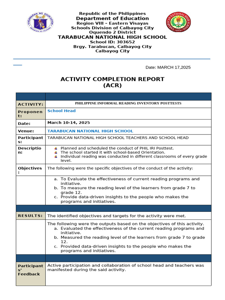 Tarabucan National High School IRI Report | PDF | Teaching | Intelligence