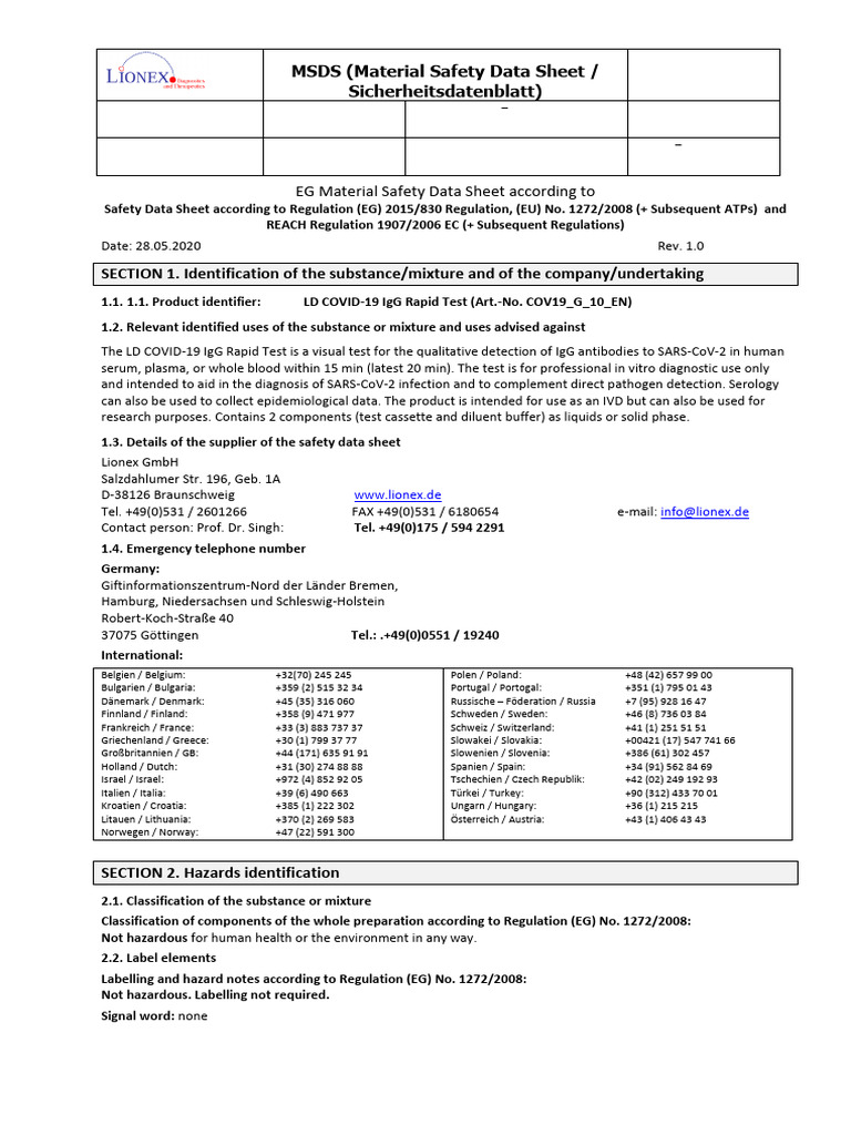 LD COVID-19 IgG Test Safety Data Sheet | PDF | Toxicity | Dangerous Goods