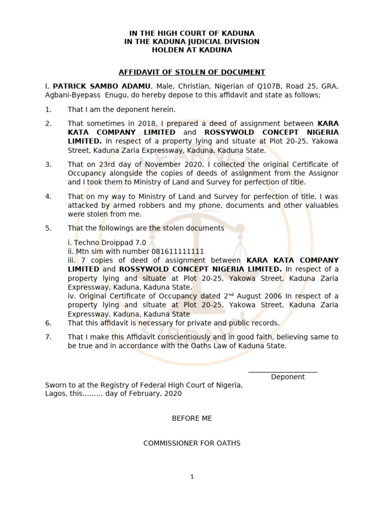Affidavit of Loss of Documents 2 | PDF