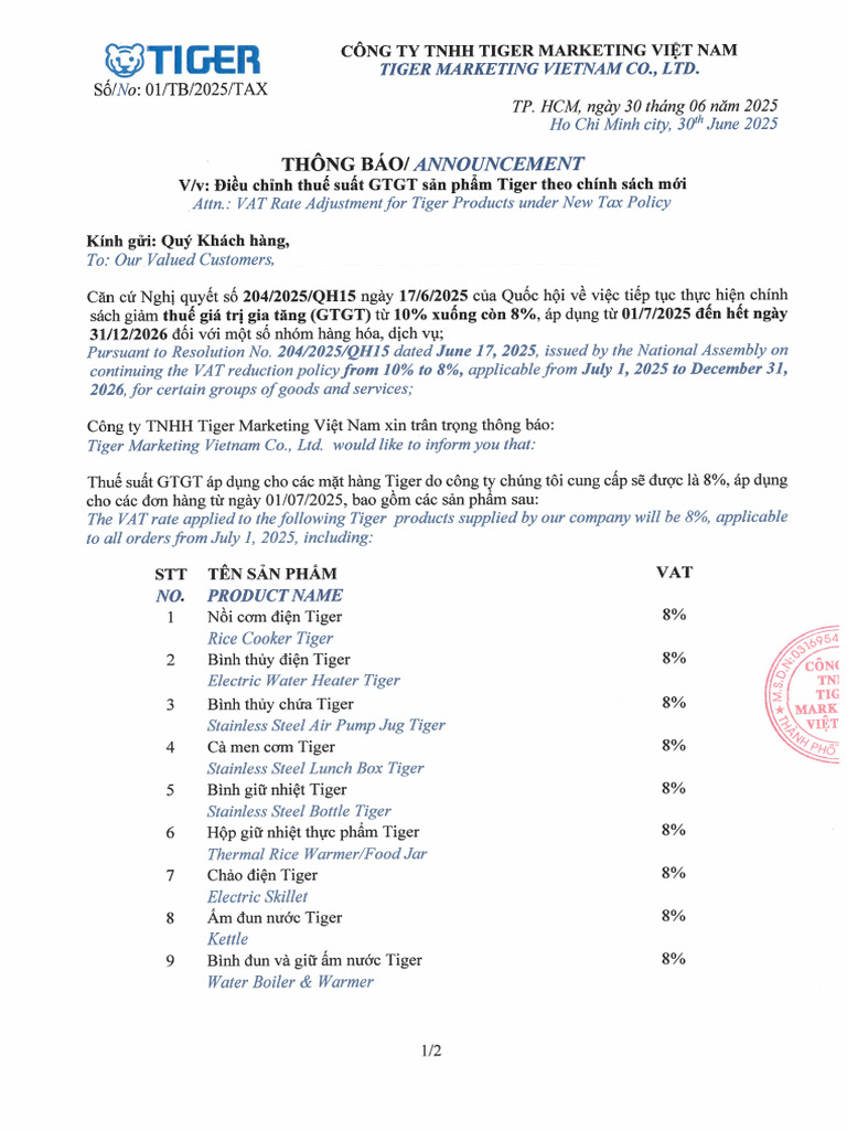 2025 - Tiger - Thong Bao Thue Suat Vat Tiger Từ 10% Xuống 8% Áp Dụng Từ ...
