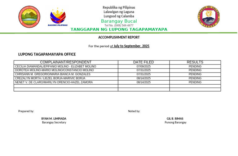 Barangay Bucal Accomplishment Report | PDF