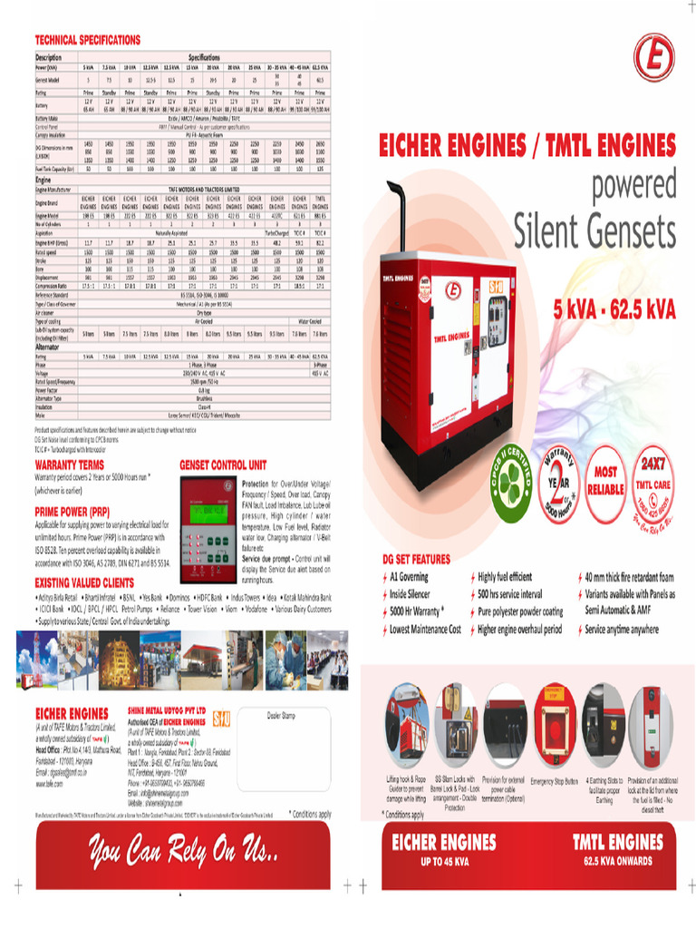 Eicher Engines TMTL Engines Powered Silent Gensets | PDF