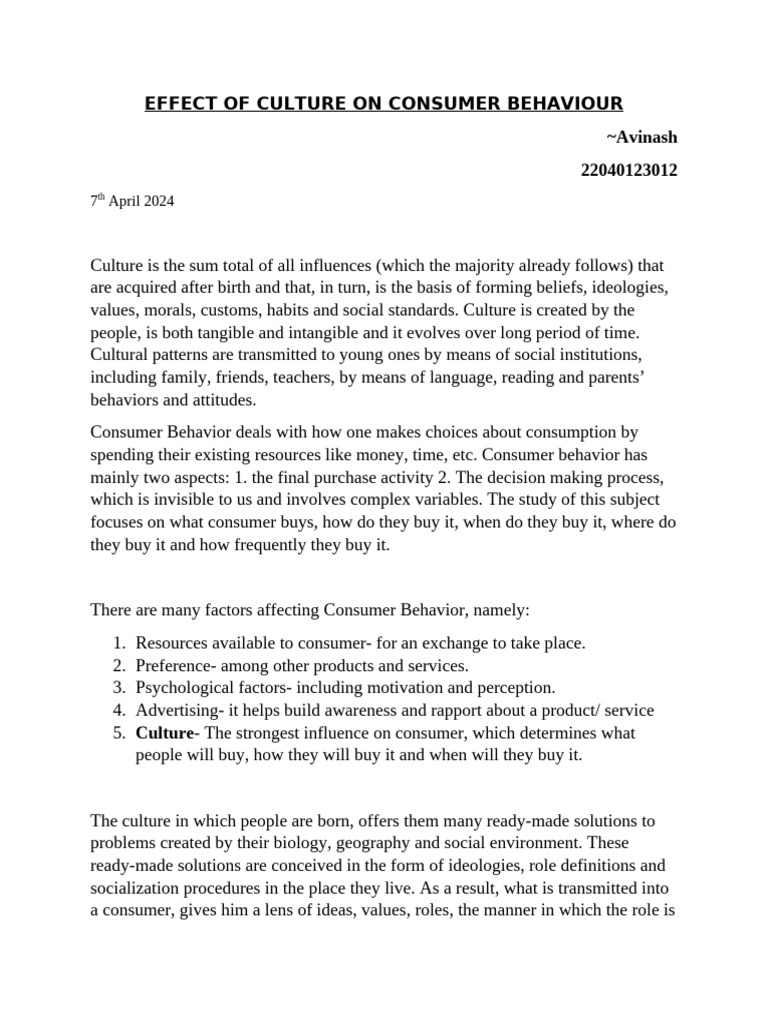 Influence of Culture On Consumer Behavior | PDF | Consumer Behaviour ...