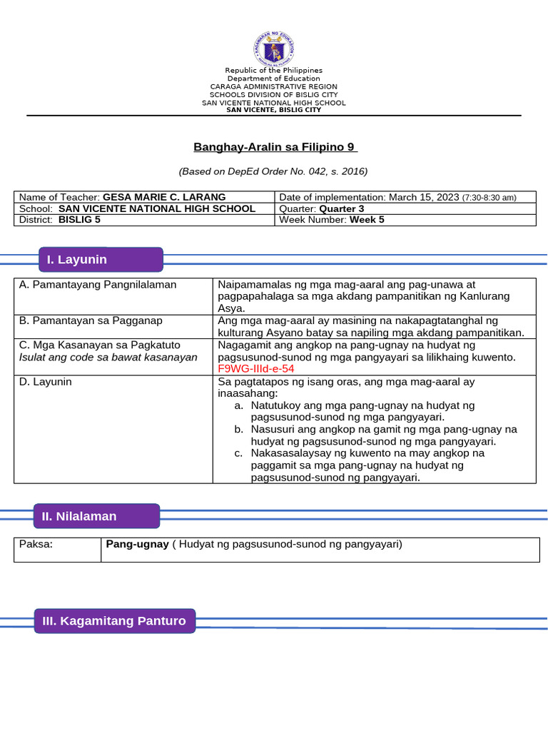 Filipino 9 DLL For CO3 Q3 | PDF