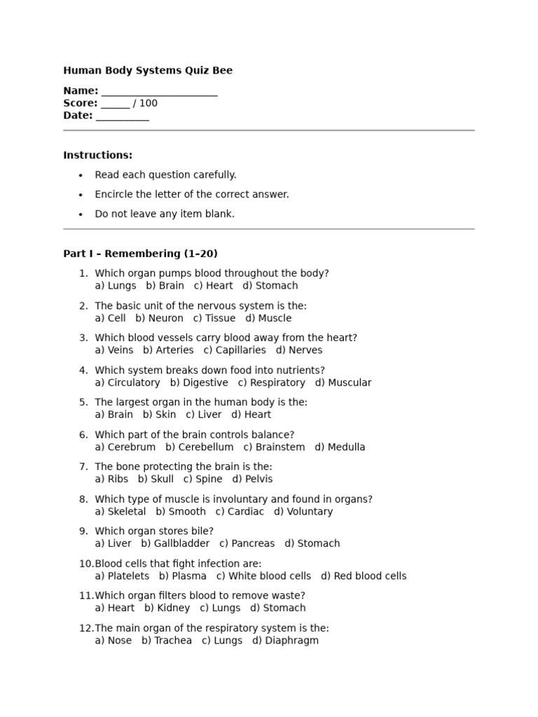 Human Body Systems Quiz Bee | PDF | Human Body | Blood